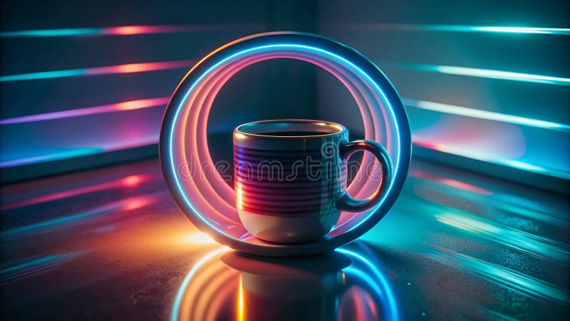 Closeup Neon Light Reflection on a Minimalist Typography Mug a Macro ...