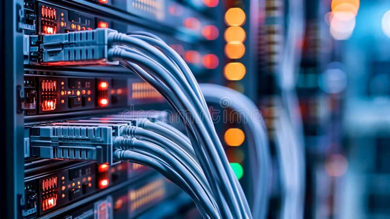 Network Server Closeup with Gray Cables Connected, Running Diagnostics ...