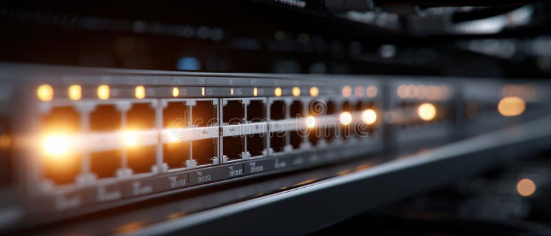 Closeup of a Network Switch with Glowing Lights in a Server Room ...
