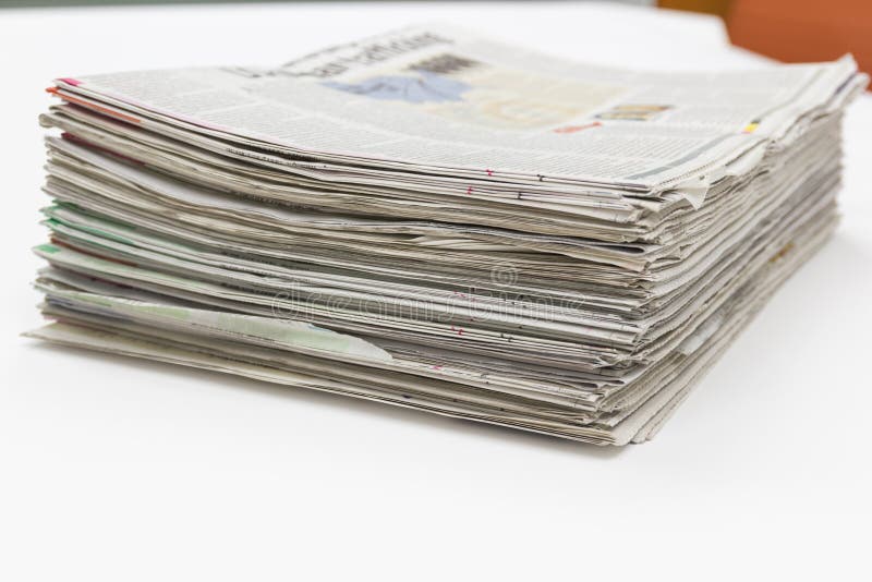 Newspaper Stack on White Table Stock Photo - Image of headline, front ...