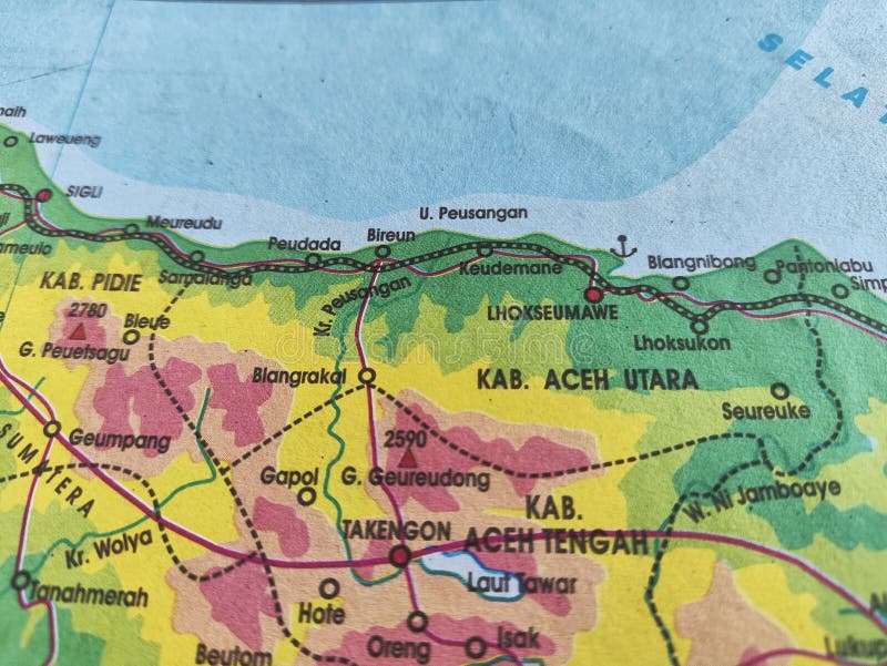 North Aceh Map and Major Cities Around it on Physical Map Stock Image ...