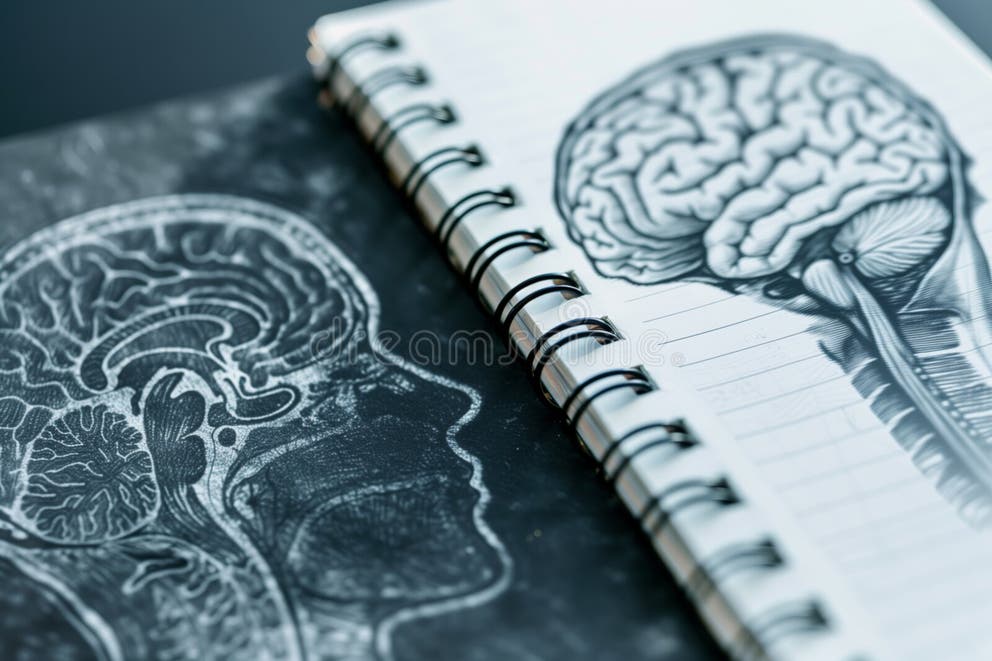Closeup of a Notepad with Side Profile of Human Head and Brain Stock ...