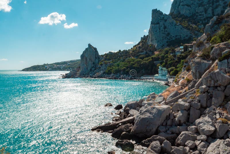 Closeup O Big Rocks with Trees in Border the Sea. Stock Photo - Image ...