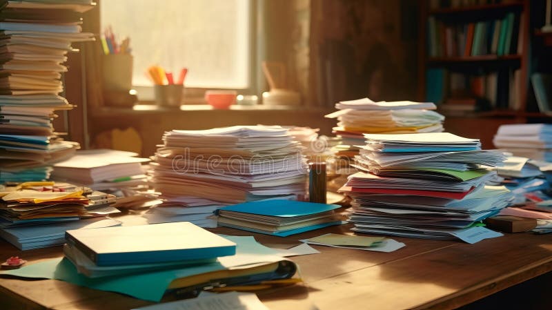 Closeup Office Table with Organized Stacked Papers. Generative AI Stock ...