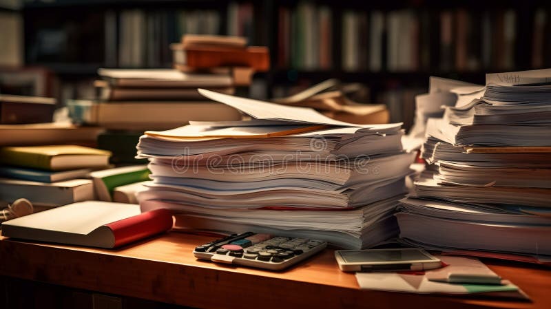 Closeup Office Table with Organized Stacked Papers. Generative AI Stock ...