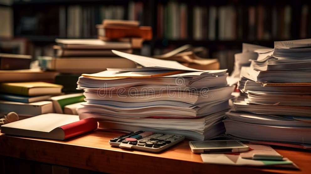 Closeup Office Table with Organized Stacked Papers. Generative AI Stock ...