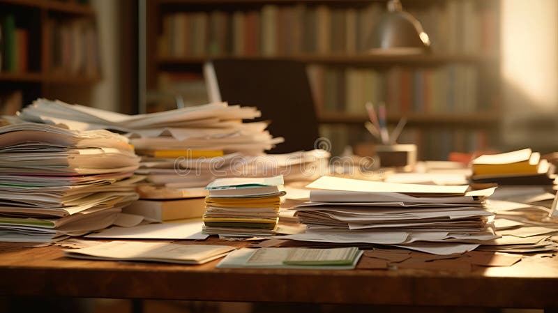 Closeup Office Table with Organized Stacked Papers. Generative AI Stock ...
