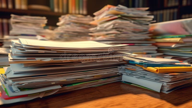 Closeup Office Table with Organized Stacked Papers. Generative AI Stock ...