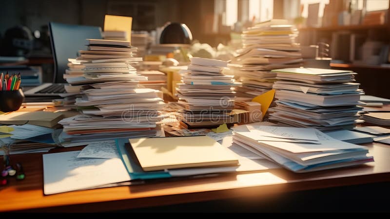 Closeup Office Table with Organized Stacked Papers. Generative AI Stock ...
