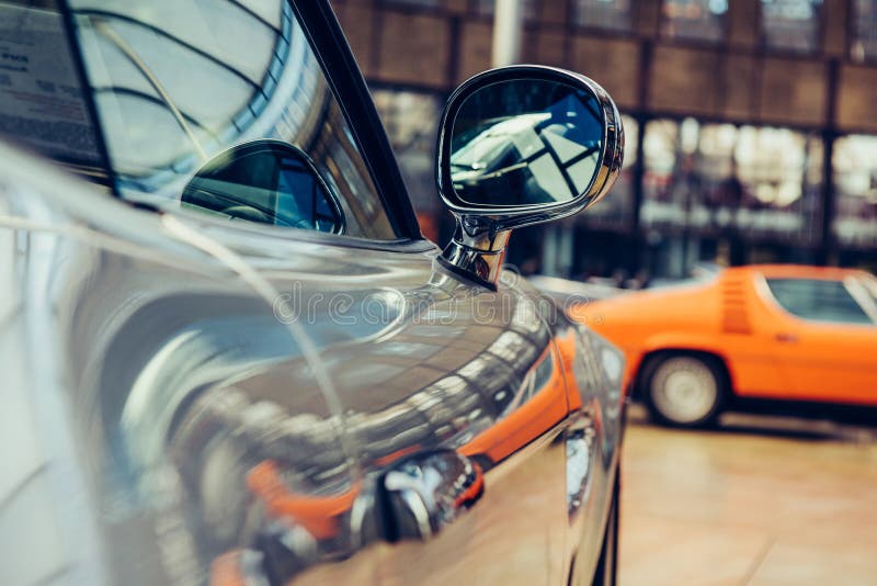 Closeup of Old Car with Silver Colored Paint on Automobile Show. Stock ...