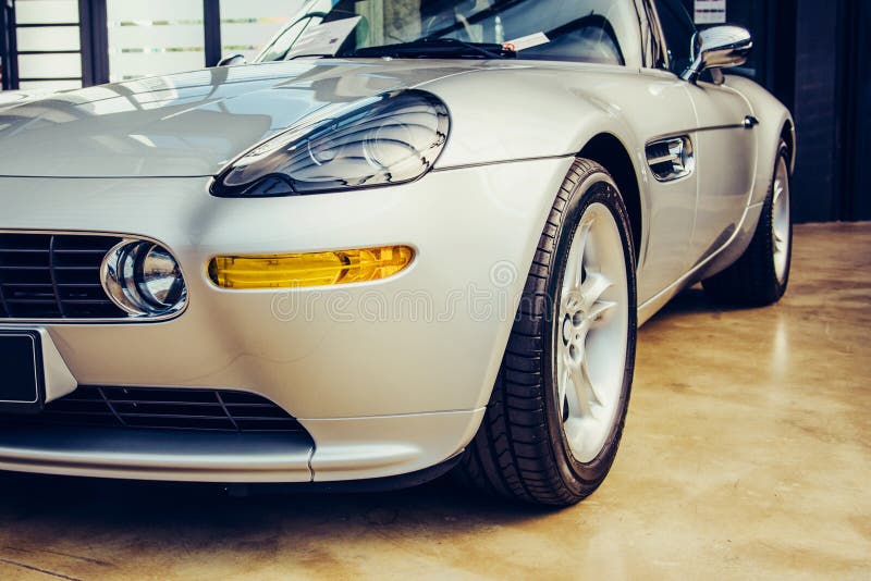 Closeup of Old Car with Silver Colored Paint on Automobile Show. Stock ...