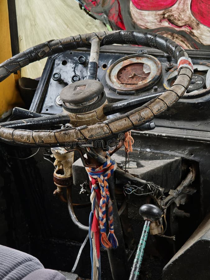 Closeup of a Old Steering Wheel of Yellow Bus Stock Image - Image of ...