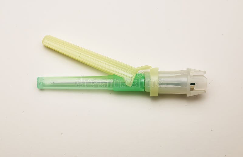 Closeup of One Isolated Disposable Safety Injection Cannula Needle with ...