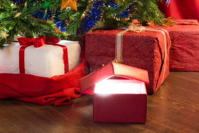 Closeup Open Red Gift with Green Christmas Tree Stock Photo - Image of ...