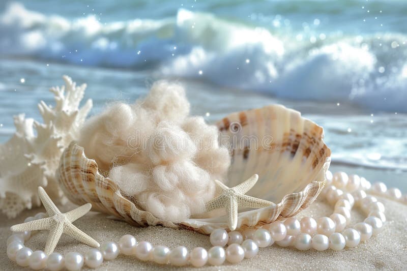Closeup of Open Seashell with Fluffy White Woolly Cloud Inside on White ...