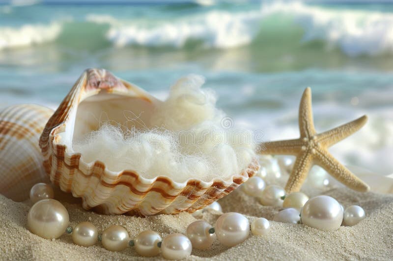 Closeup of Open Seashell with Fluffy White Woolly Cloud Inside on White ...