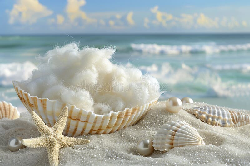 Closeup of Open Seashell with Fluffy White Woolly Cloud Inside on White ...