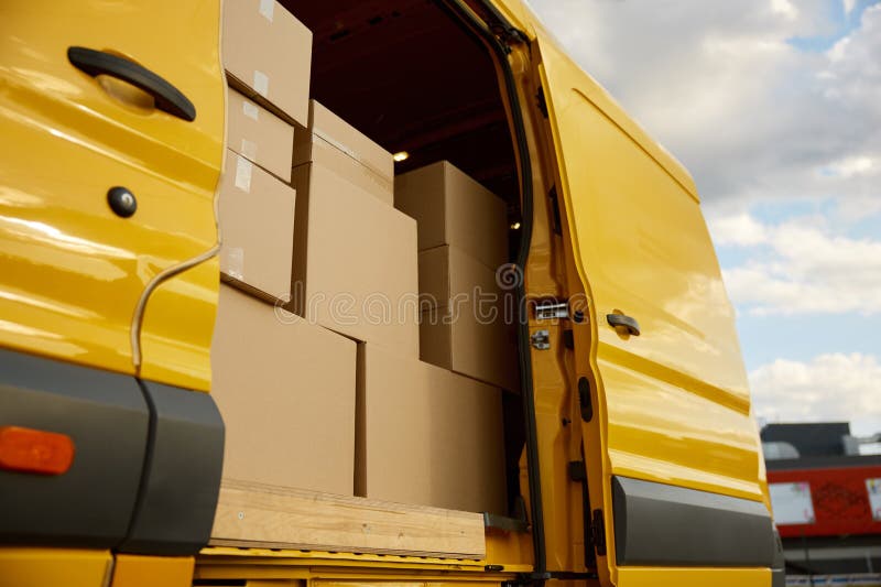 Closeup Opened Mini Van Doors and Cardboard Parcel Boxes Inside Stock ...