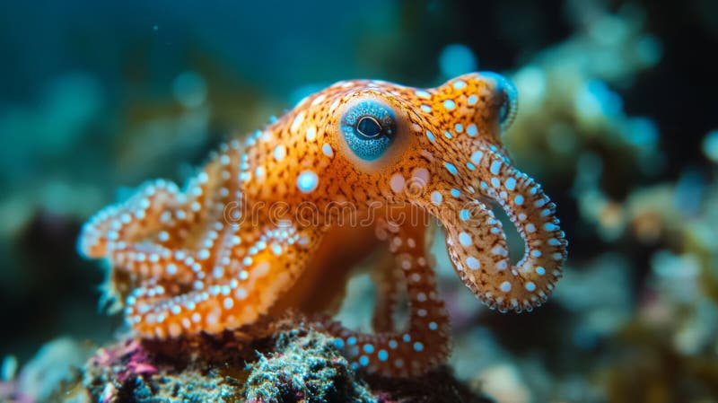 Closeup of an Orange and Blue Spotted Octopus on a Coral Reef Stock ...