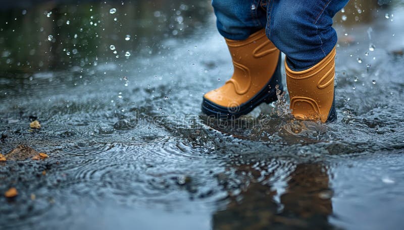 Closeup of Orange Rain Boots Making a Splash in Puddle Stock ...