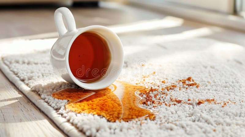 Closeup of Overturned Tea Cup with Spilled Tea on White Carpet. Mess ...