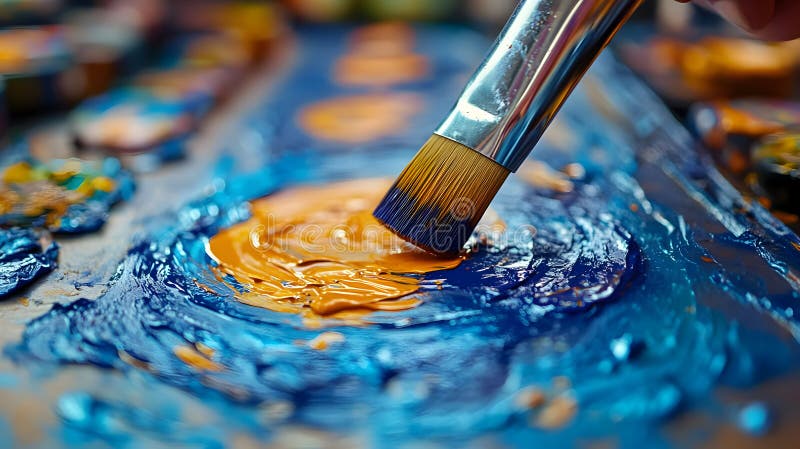 Closeup of a Paintbrush Mixing Blue and Yellow Paint Stock Photo ...