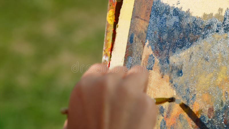 Unknown Painter Drawing Nature Outdoor. Closeup Artist Hand Creating ...