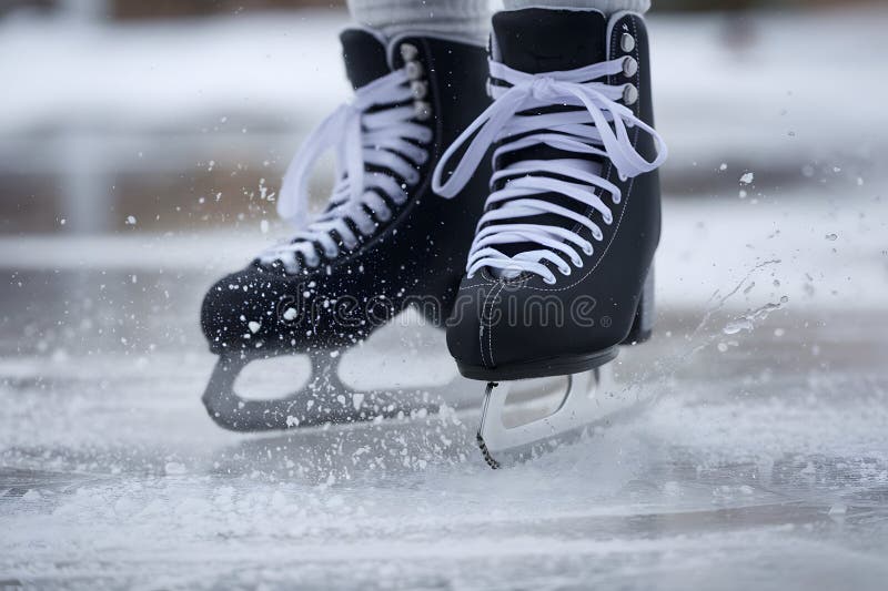 Ice Skates Contacting Frozen Surface, Motion Spraying Ice Particles in ...