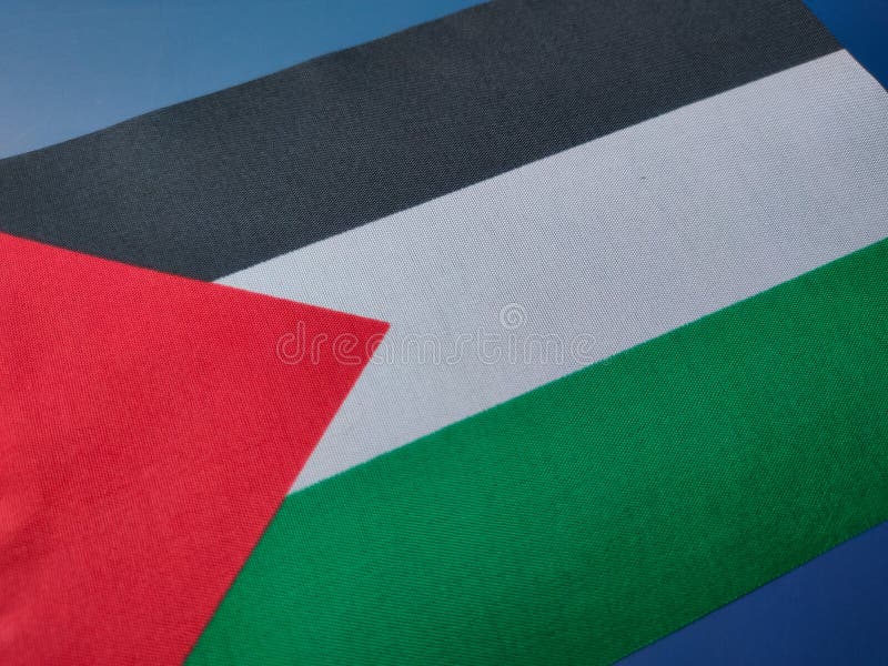 Closeup Palestine Flag on a Blue Background Stock Image - Image of ...