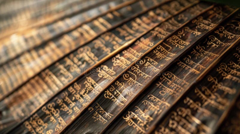 A Closeup of a Palm Leaf Mcript Displaying Finely Written Sanskrit Text ...