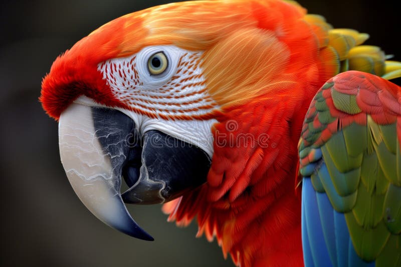 Closeup of a Parrots Head, Detailing Vibrant Plumes and Sharp Beak ...