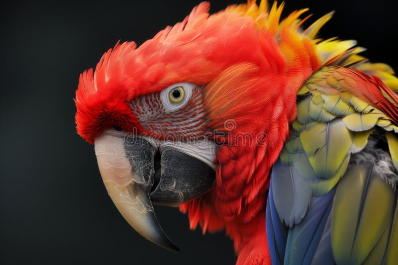 Closeup of a Parrots Head, Detailing Vibrant Plumes and Sharp Beak ...