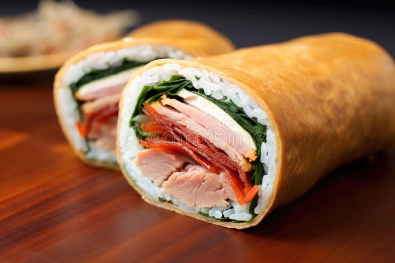 Closeup of a Peking Duck Roll Cut in Half Stock Illustration ...