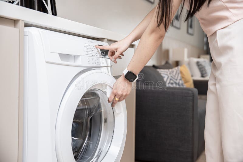 Closeup People Home House Maid Using Front Load Washing Machine Touch ...