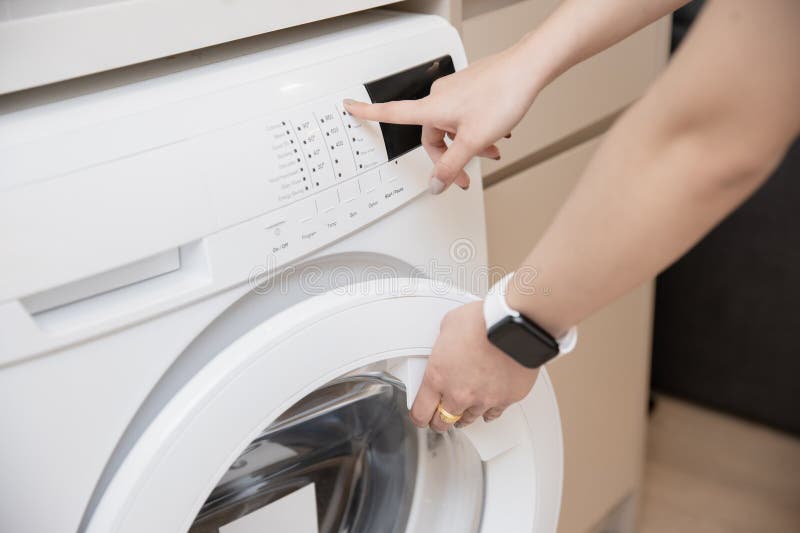 Closeup People Home House Maid Using Front Load Washing Machine Touch ...