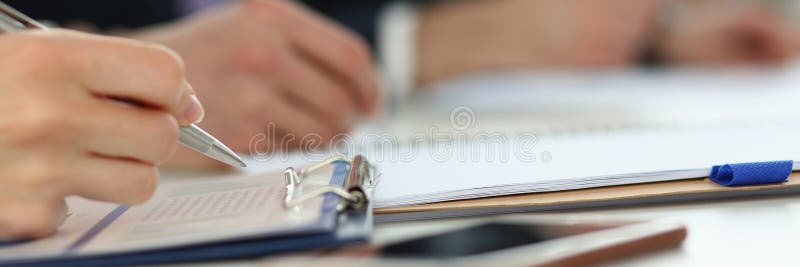 Closeup of People Make Up Forms during Business Conference Stock Photo ...