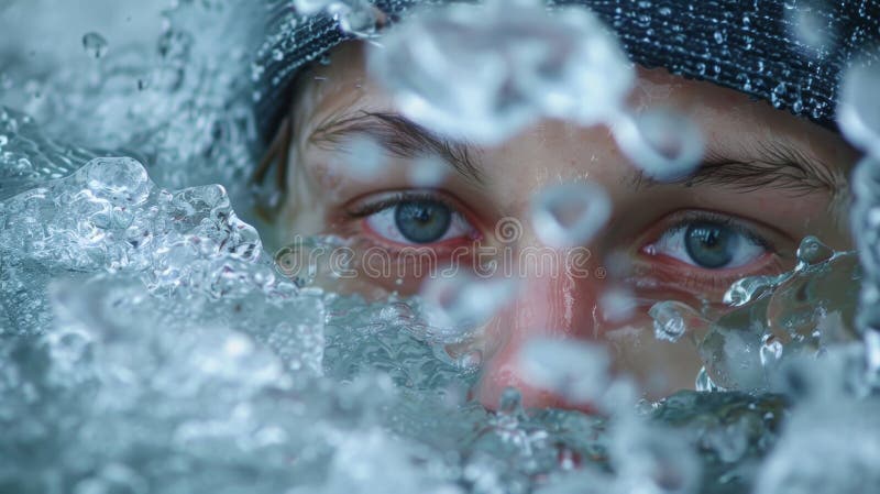 A Closeup of a Persons Face As they Lower Themselves into a Cold Spring ...
