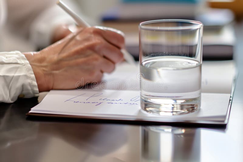 Closeup of a Persons Hand Taking Notes with a Halffull Water Glass ...