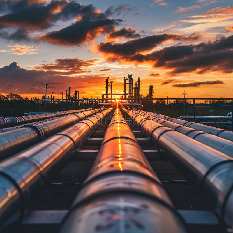 A Closeup of a Petrochemical Pipeline Network at Sunset Emphasizing the ...