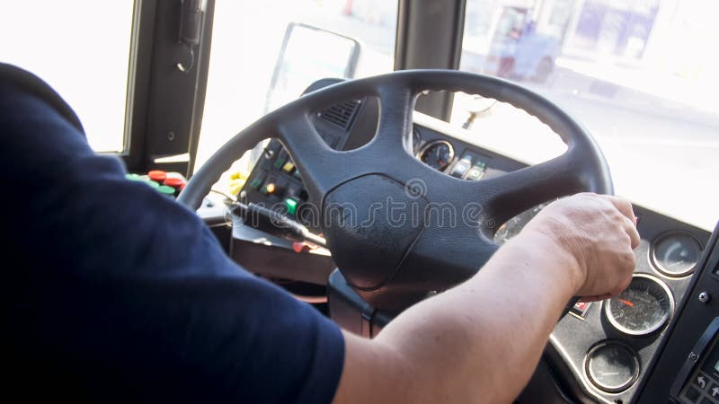 Closeup Image of Bus Driver Hands Holding Steering Wheel Stock Photo ...