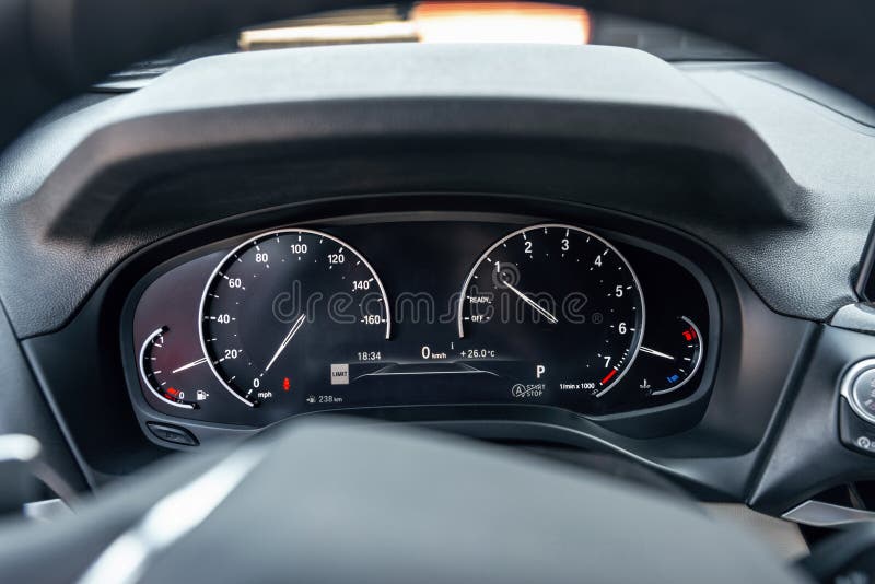 Closeup Photo of Car Interiors. Modern Car Speedometer Stock Photo ...