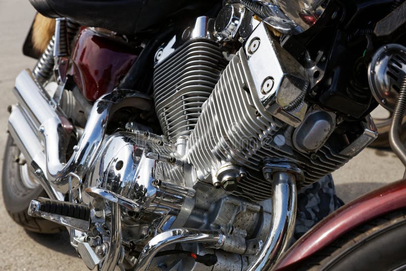 Closeup Photo Chrome Engine and Exhaust Pipe of the Motorcycle Stock ...