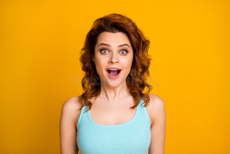 Closeup Photo Of Funny Curly Foxy Lady Cheerful Good Mood Open Mouth