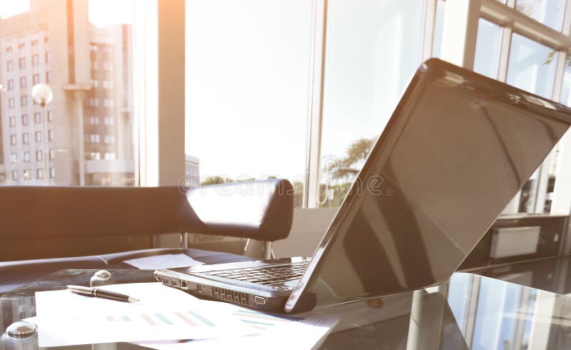 Closeup.open the Laptop on the Desktop in a Modern Office Stock Image ...