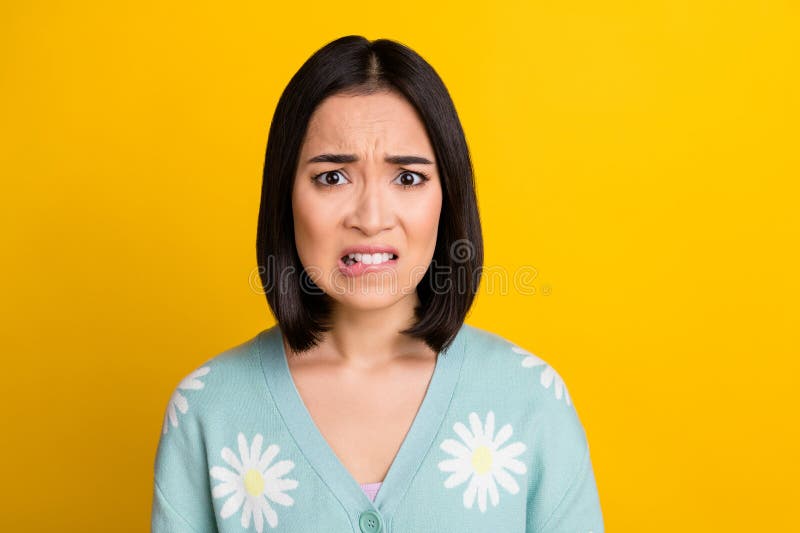 Closeup Photo of Nervous Girl Bite Lips Forgot Answer Last Question ... Closeup Photo of Nervous Girl Bite Lips Forgot Answer Last Question ...