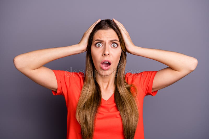 Closeup Photo Of Pretty Lady Holding Arms On Head Open Mouth Listening