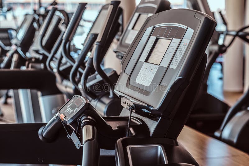 Closeup Photo Shoot of Empty Treadmills in Gym Stock Photo - Image of ...