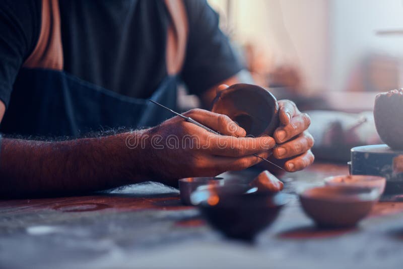 Closeup of Working Process with Clay by Diligent Man. Stock Image ...