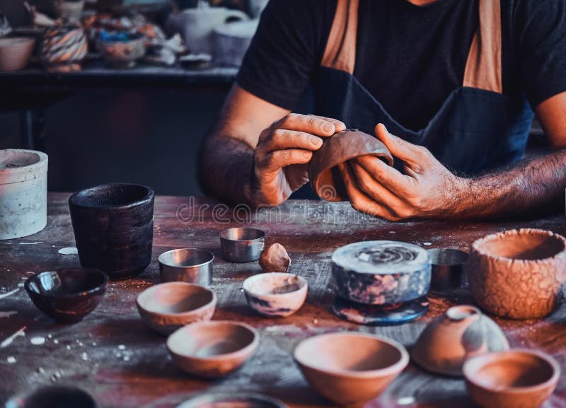 Closeup of Working Process with Clay by Diligent Man. Stock Image ...