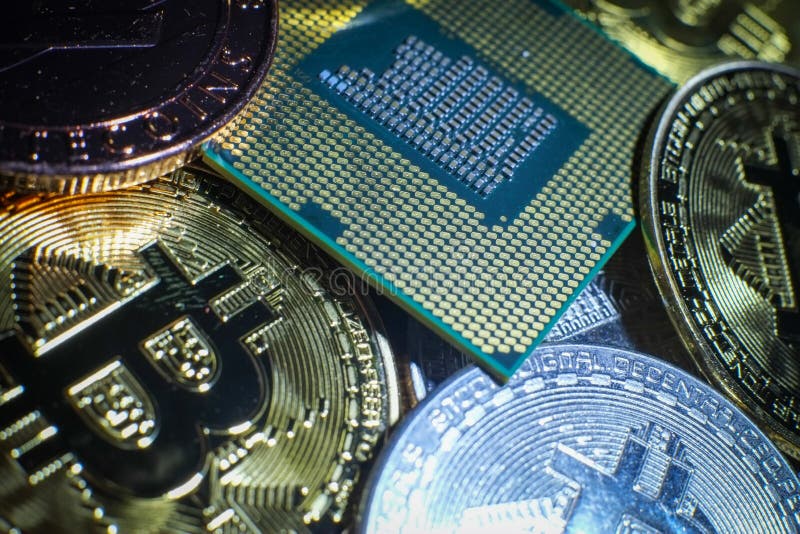 Closeup of Physical Bitcoin and Computer Cpu Processor Stock Photo ...